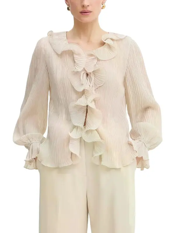 Guess Crinkled-texture Blouse With Ruffled Trim - Neutrals