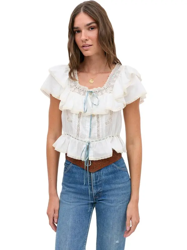 Rixo Melisa Ruffle Lace Trimmed Blouse - White