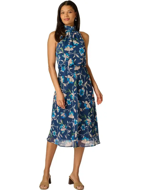 Adrianna Papell Floral Crinkle Chiffon Halter Midi Dress - Navy Multi