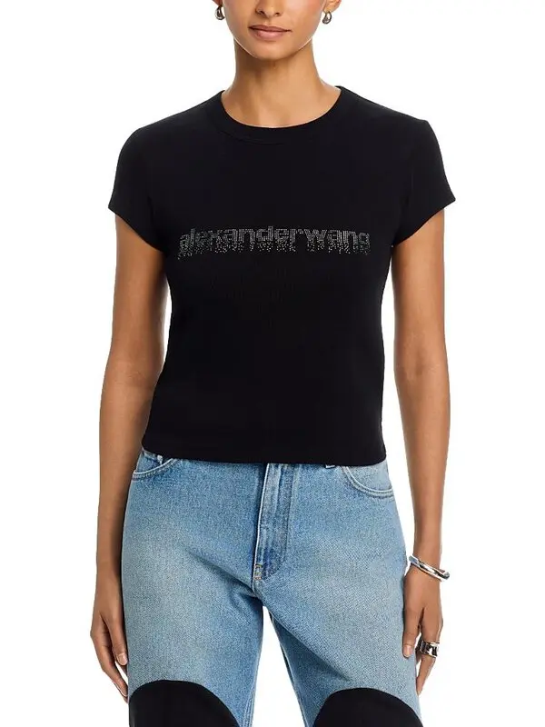 Alexander Wang Ribbed Knit Rhinestone Logo Crewneck Tee - Black