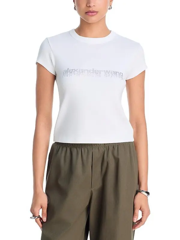 Alexander Wang Ribbed Knit Rhinestone Logo Crewneck Tee - White
