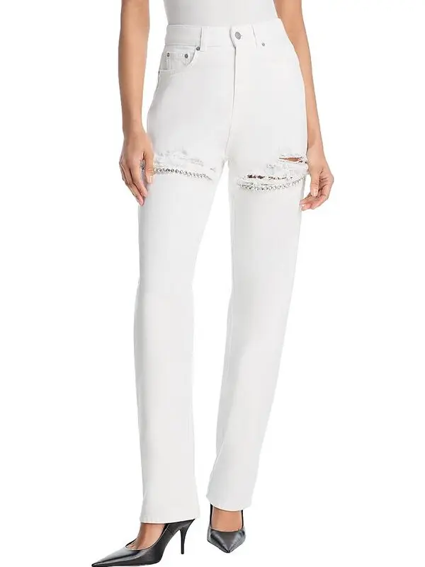 AREA Crystal Fray Slit Jeans - White