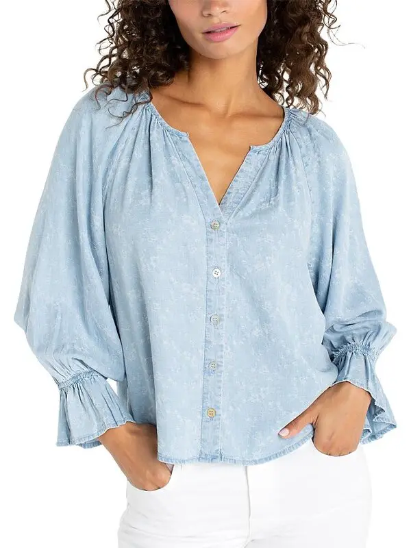 LIVERPOOL Three Quarter Sleeve Shirred Woven Top - Rose Ice