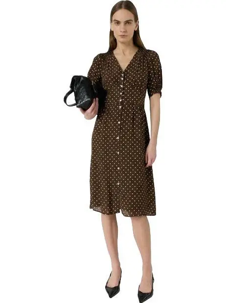 Gerard Darel Rohya V-neck Polka Dot Midi Dress - Brown