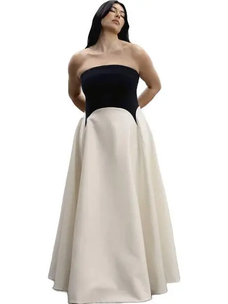 11 HONORE Strapless Color-blocked Satin Gown - Black Vanilla Ice