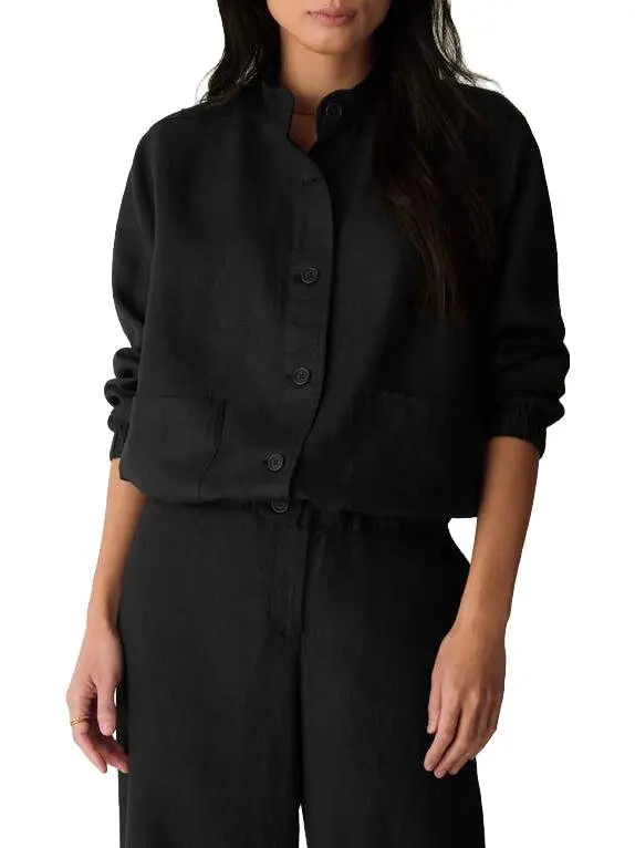 Eileen Fisher Stand Collar Organic Linen Jacket - Black