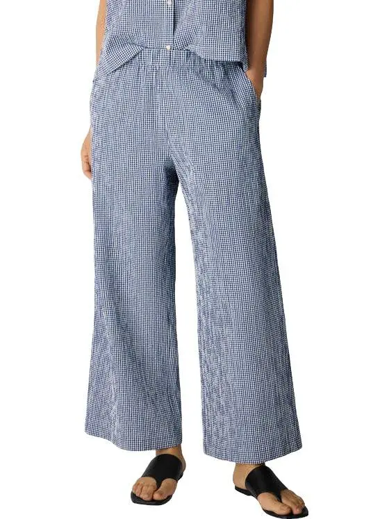 Eileen Fisher Check Print Wide Leg Ankle Pants - Light Dive