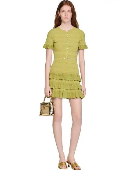 Sandro Cropped Ruffled-sleeve Knit Top - Green