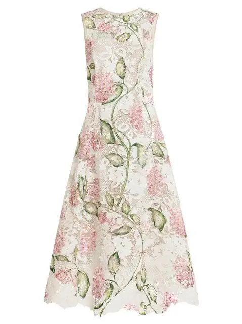 Oscar De La Renta Porcelain Flower Guipure Sleeveless Dress - Pink