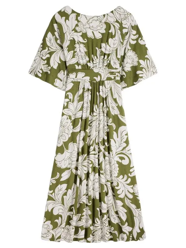 Boden Imelda Floral Kimono Jersey Midi Dress - Olive/ Botanical Flourish Mono
