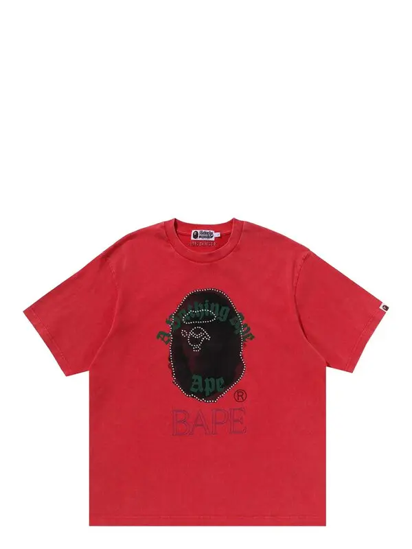 A BATHING APE Garment Dye Rhinestone Ape Head Relaxed Fit Tee - Red