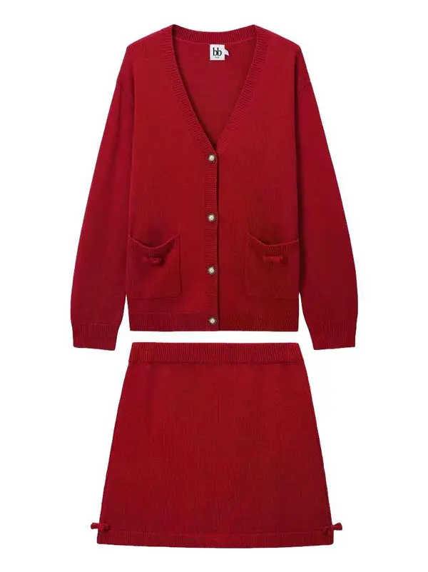 B+AB Button Knitted Skirt Set - Red