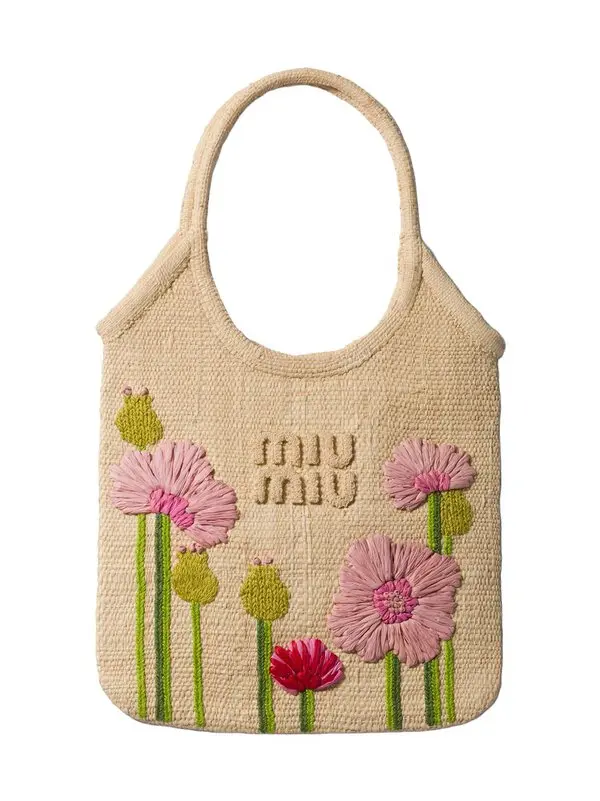 Miu Miu Ivy Raffia Handbag - Tan / Pink