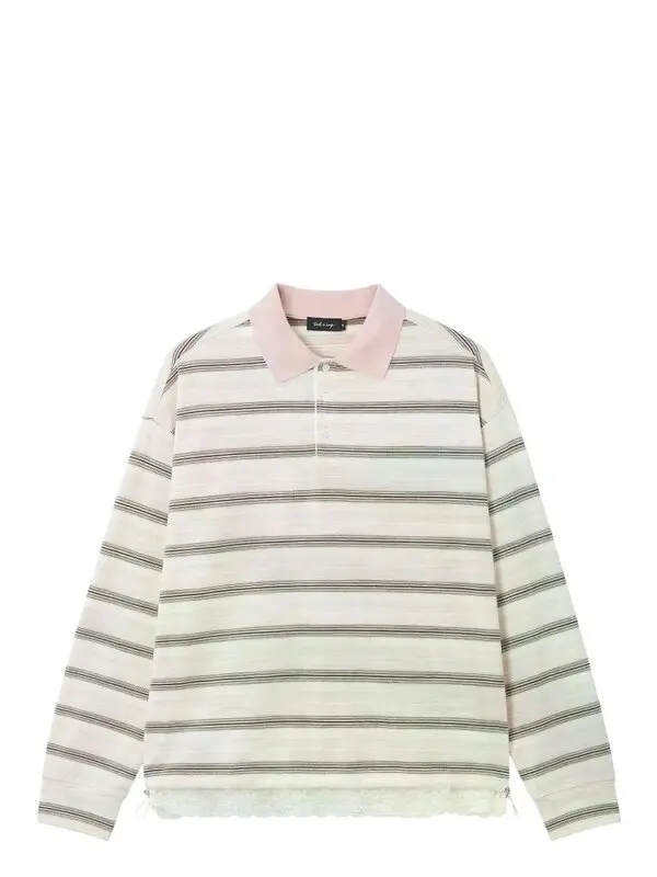 TOUT A COUP Striped Lace-trim Polo Top - Neutrals