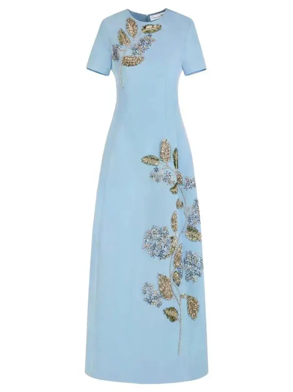 Oscar De La Renta Crystal Flower-embroidered Faille Dress - Blue