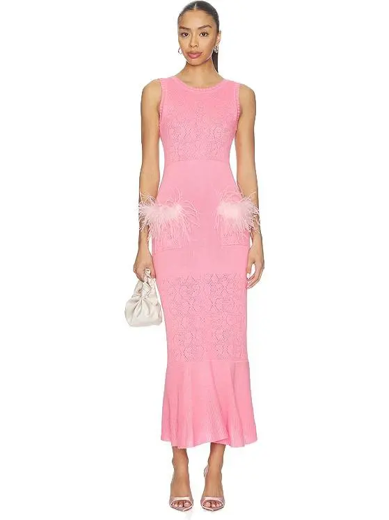 ANDREEVA Peony Knit Midi Dress With Ostrich Feather Details - Pink