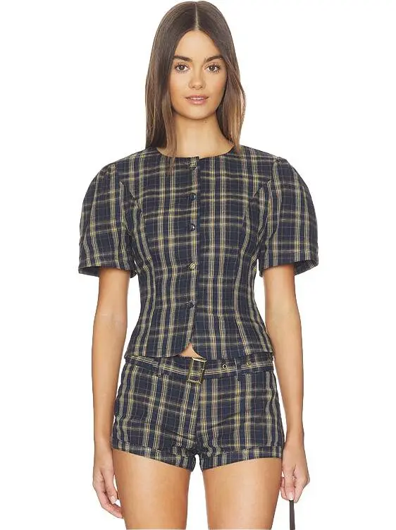 Lioness Femme Blouse - Navy Lemon Plaid