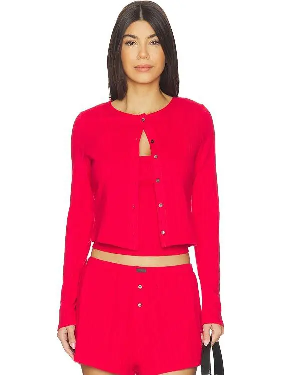 Lunya Pointelle Crew Neck Cardigan - Camellia Red