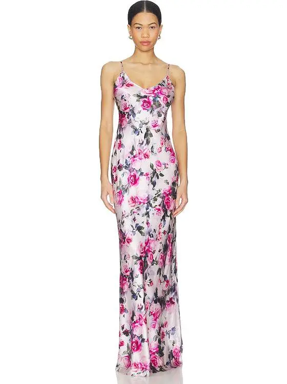 L'Agence Serita Maxi V Neck Bias Dress - Pink Multi Water Rose