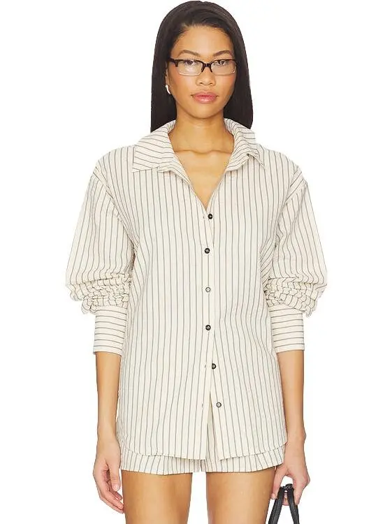ALL THE WAYS Kadence Button Up Top - Beige & White Stripe