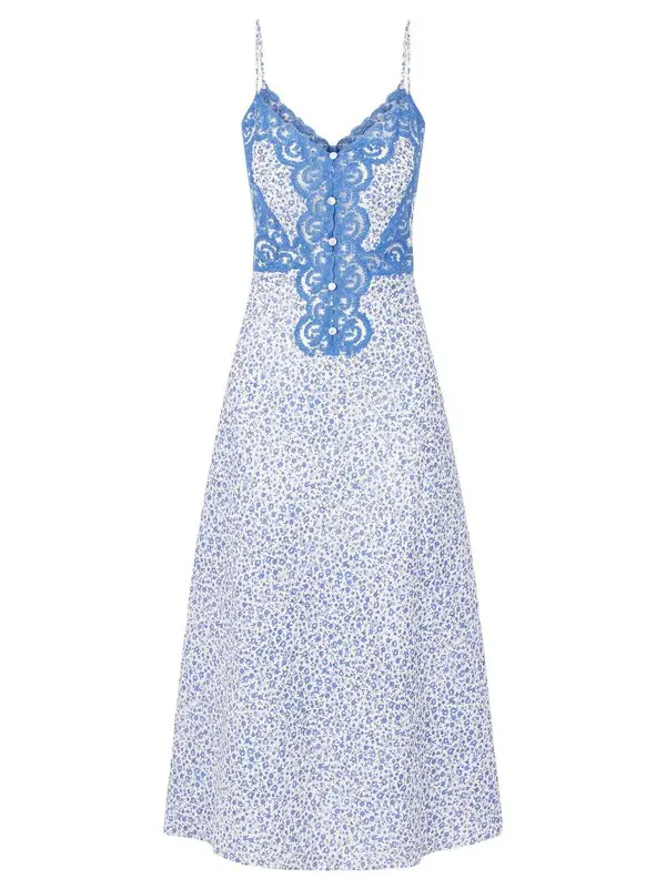 Loretta Caponi Palmira Floral-print Lace-trimmed Cotton Maxi Dress - Blue
