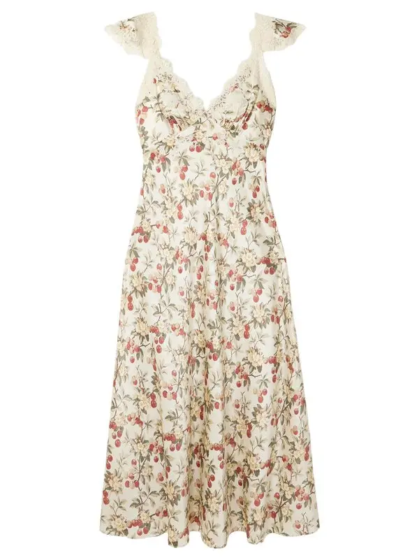 DÔEN Fiona Lace-trimmed Floral-print Silk-satin Midi Dress - Multi
