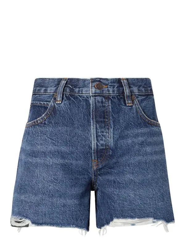 FRAME Mid Rise Relaxed Fit Denim Shorts With Frayed Hem - Blue