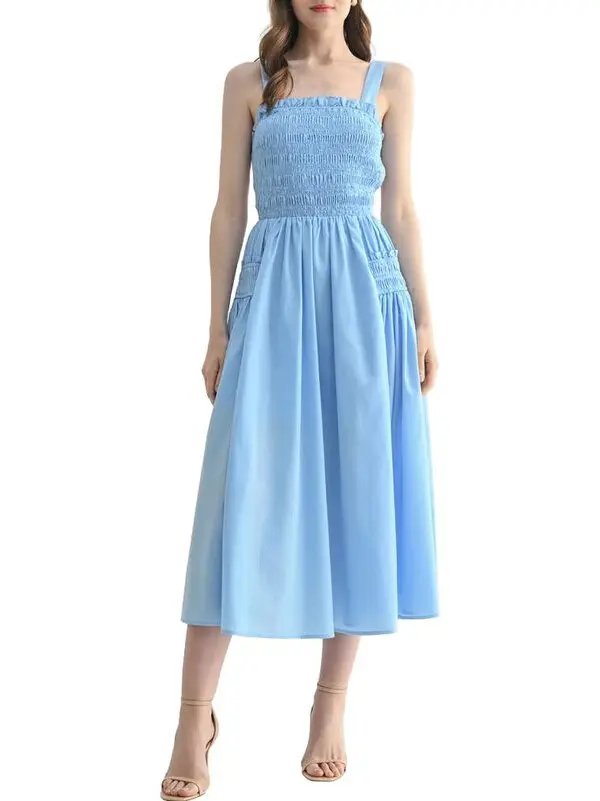 ALL IN FAVOR Smocked Cross Back Midi Sundress - Light Blue