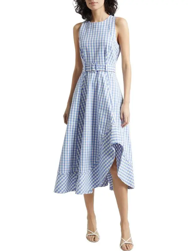 Cinq À Sept Zelda Gingham Belted Denim Midi Dress - Ultramarine/white