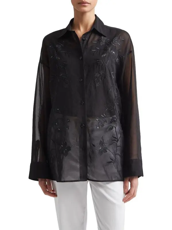 Eleventy Sequin Embroidered Cotton Gauze Shirt - 22 Black