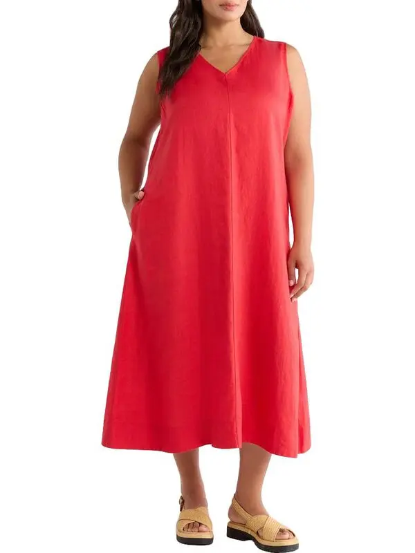 Eileen Fisher Sleeveless Linen V-neck Dress - Grenadine