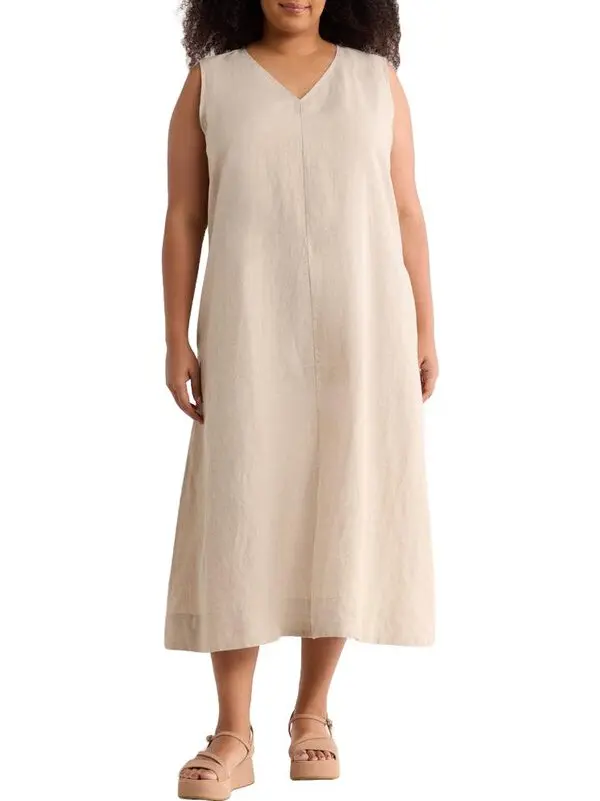 Eileen Fisher Sleeveless Linen V-neck Dress - Undyed Natural