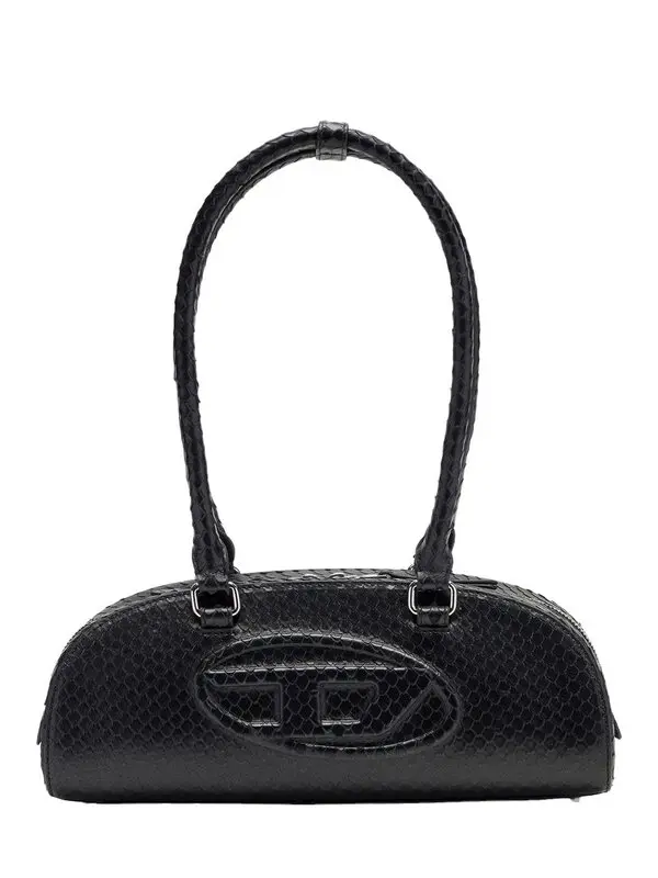 DIESEL® 1dr Dome-elongated Snakeskin Embossed Leather Shoulder Bag - Black
