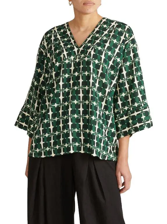Universal Standard Printed Linen Blend Top - Green Trellis Print