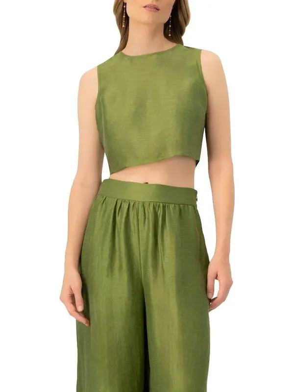 IVONNE Sleeveless Cropped Linen Top - Green