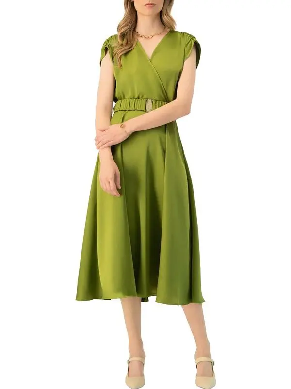 IVONNE Sleeveless Midi Satin Dress With Belt - Green
