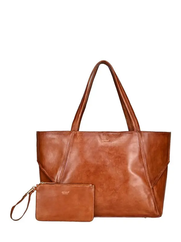 OLD TREND Wishbone Oversized Leather Carryall Tote - Cognac