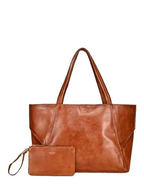 OLD TREND Wishbone Oversized Leather Carryall Tote - Cognac