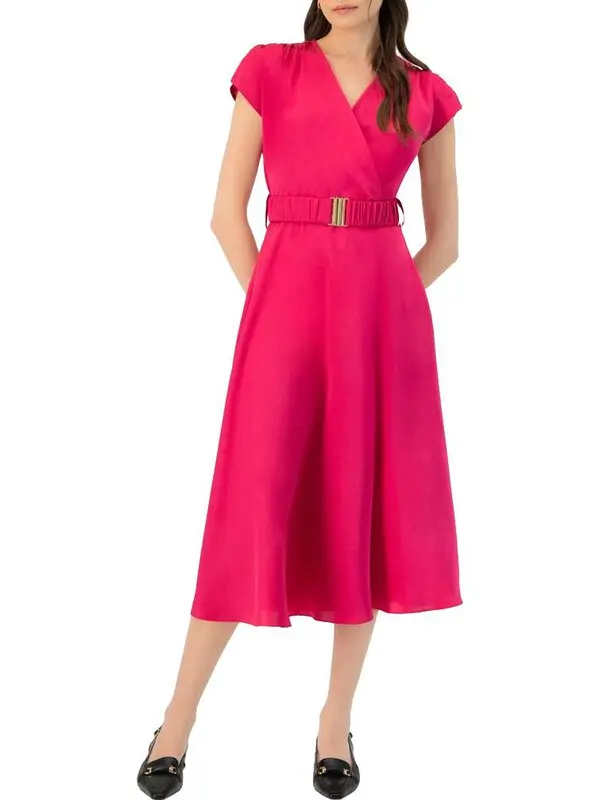 IVONNE Sleeveless Midi Satin Dress With Belt - Fuchsia