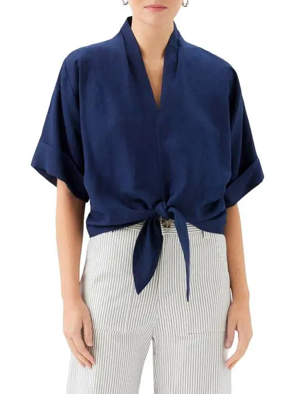 Fifteen Twenty Janice Cuffed Tie-hem Top - Navy