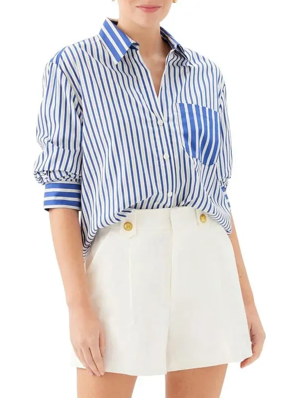 Fifteen Twenty Leighton Ruched Sleeve Striped Shirt - Indigo