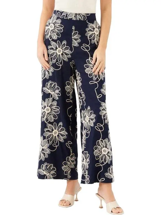 Fifteen Twenty Adara Floral Embroidered Wide-leg Pants - Navy