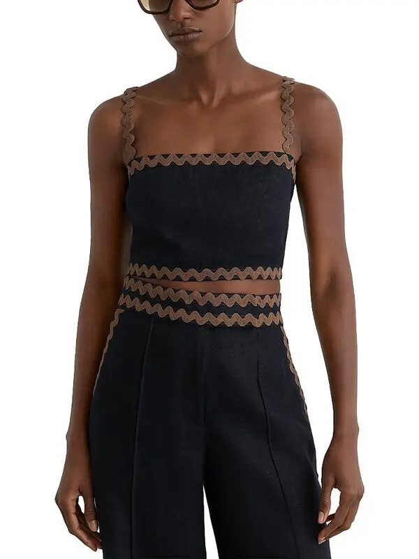 REISS Mila Linen Crop Top - Navy/ivory