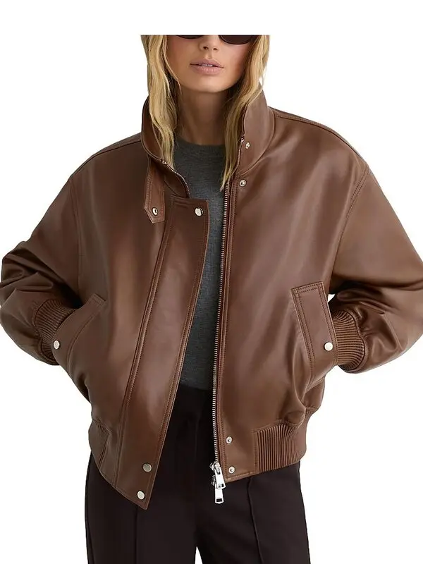 REISS Cara Leather Jacket - Chestnut Brown