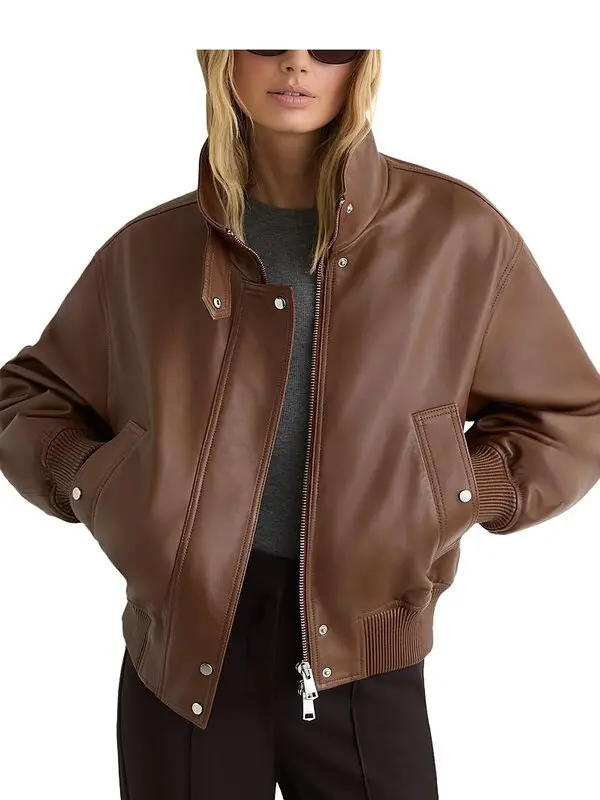 REISS Cara Leather Jacket - Chestnut Brown
