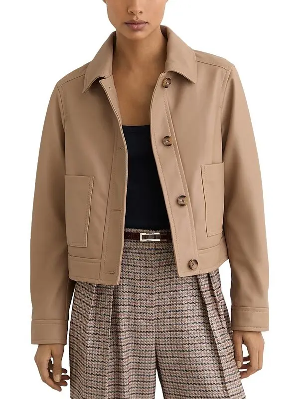 REISS Petites Sonny Leather Jacket - Neutral