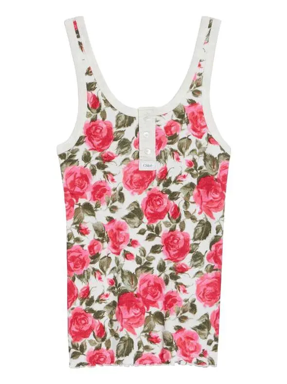 Chloé Roses Print Rib Henley Tank - White - Pink