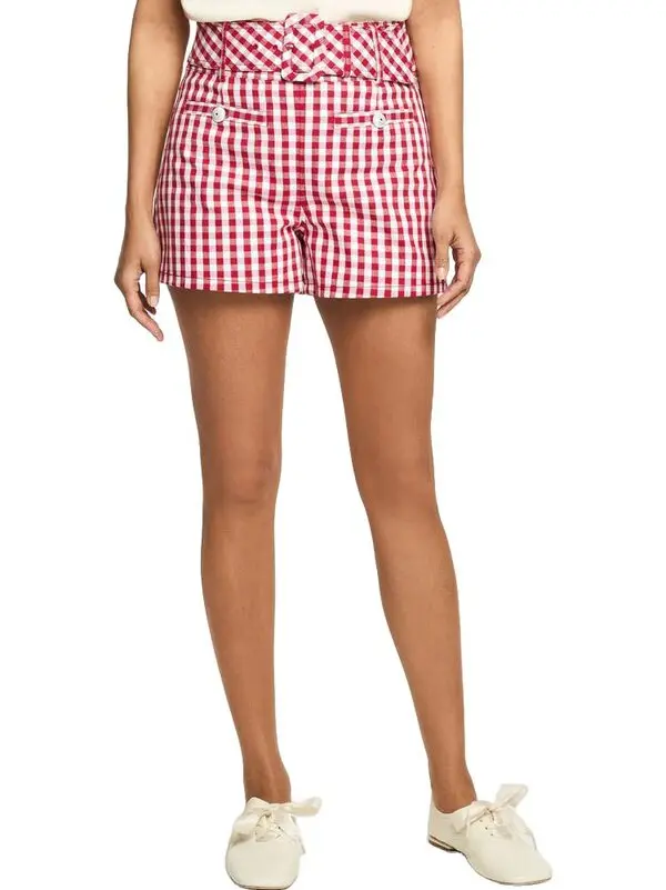 Cinq À Sept Belted Gingham Shorts - Chili Pepper/white