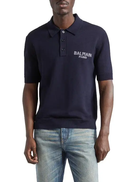 Balmain Paris Intarsia Merino Wool Polo - Navy/natural