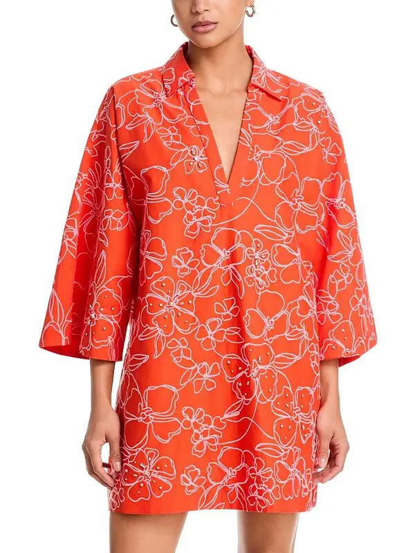 Cinq À Sept Embroidered Poplin Arcia Kaftan Dress - Red Tangerine/seashell Pink